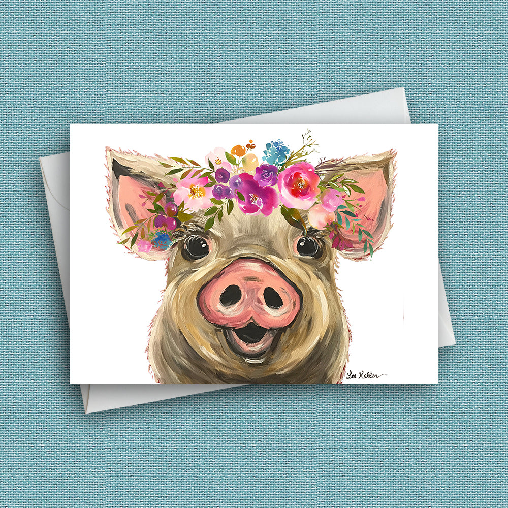 Bright Blooms Pig Greeting Card 'Posey', Cute Pig Greeting Card ...